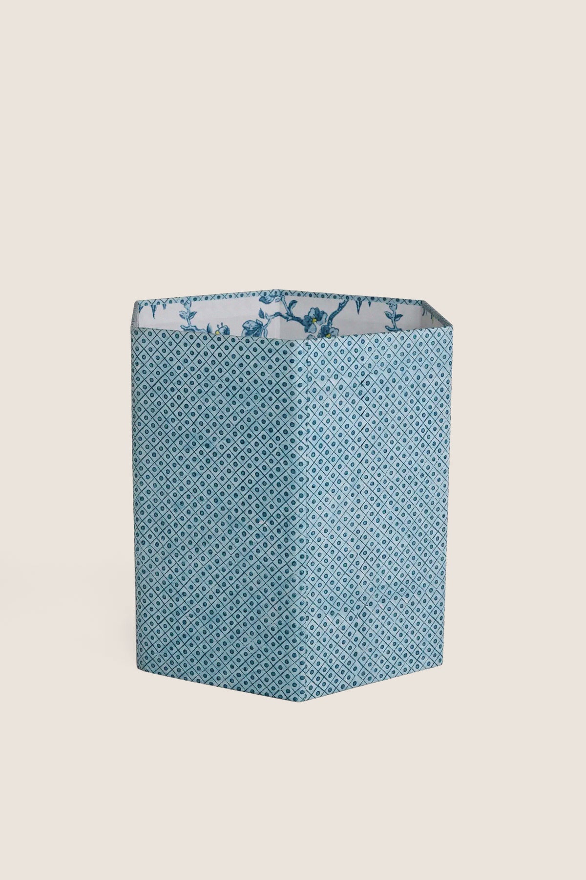 Dot and Grid Blue Block Printed Hexagon Collapsible Basket | Craft Boat
