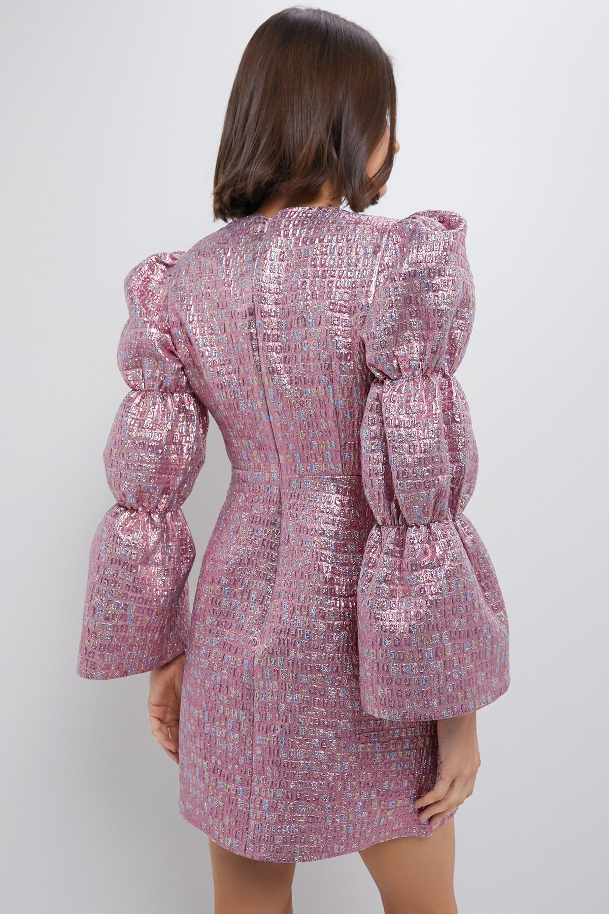 Pink Multi Jacquard Puff Sleeve Darcy Mini Dress | Hyacinth House