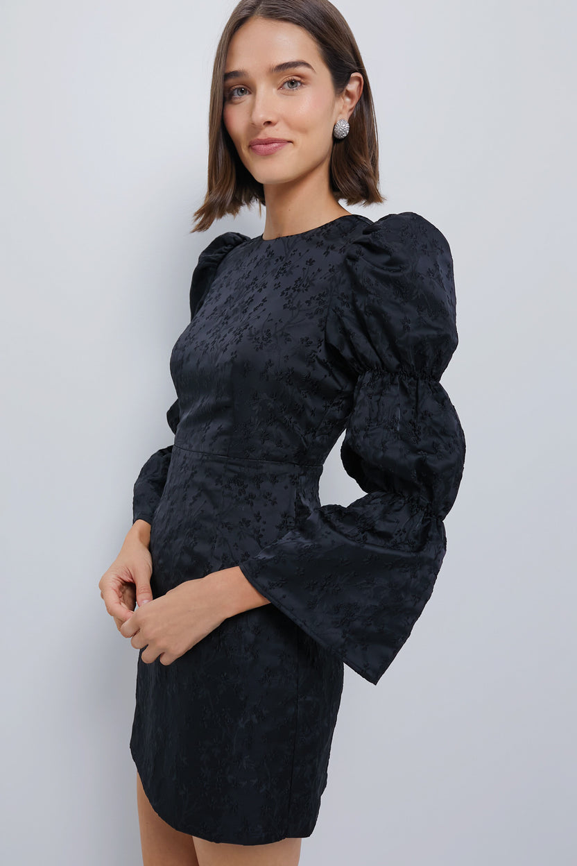 Black Jacquard Puff Sleeve Darcy Mini Dress | Hyacinth House