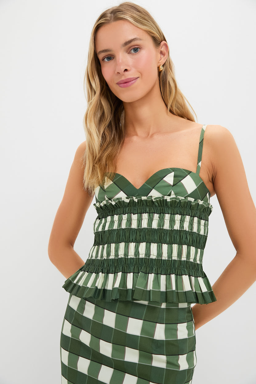 Lucca Check Celeste Shirred Top | CLEA