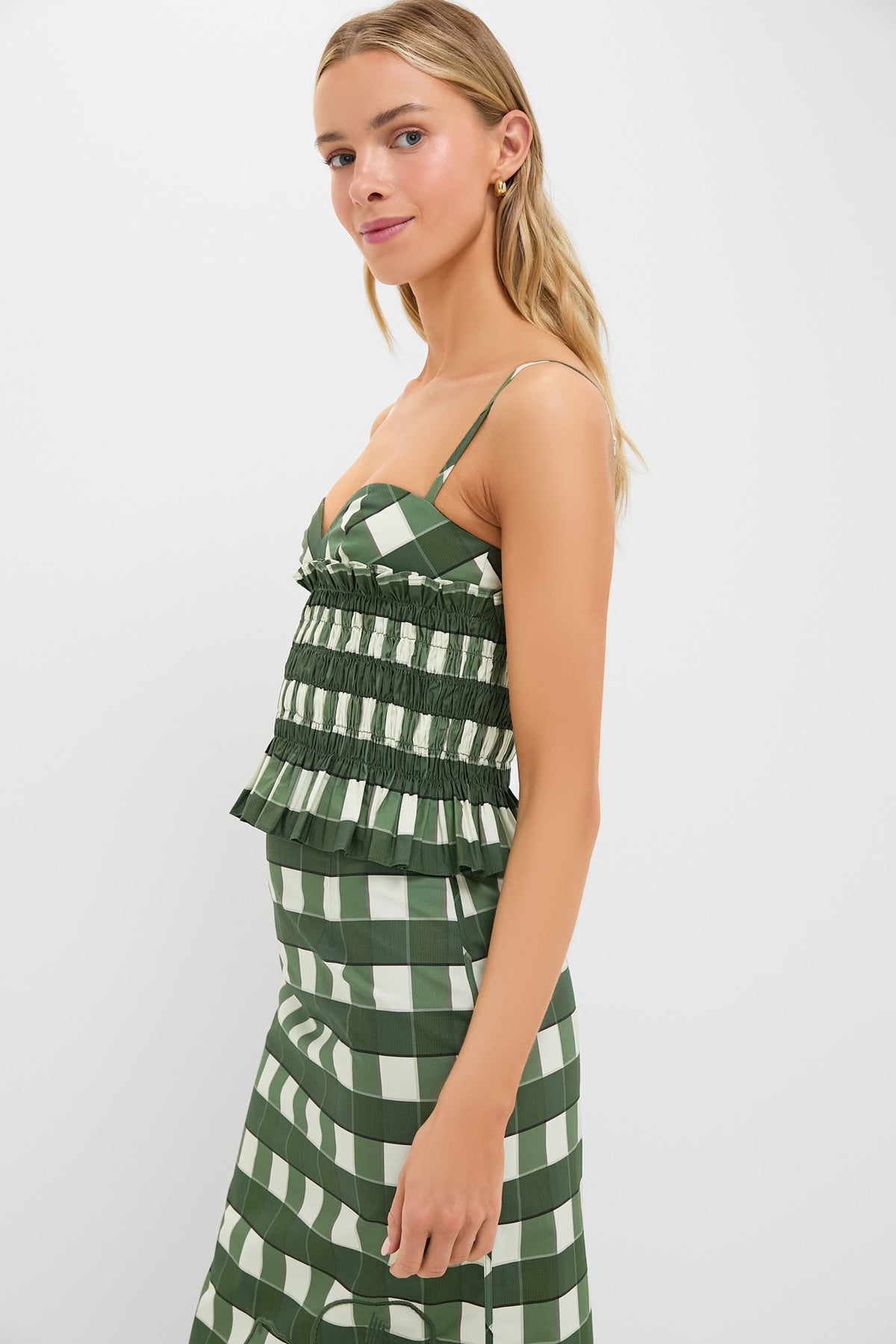 Lucca Check Celeste Shirred Top | CLEA