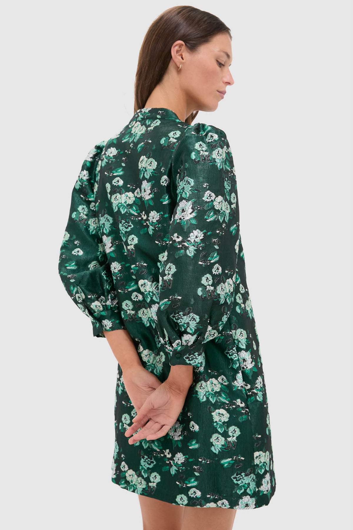 Emerald Magnolia Floral Jacquard Samantha Dress | Pomander Place