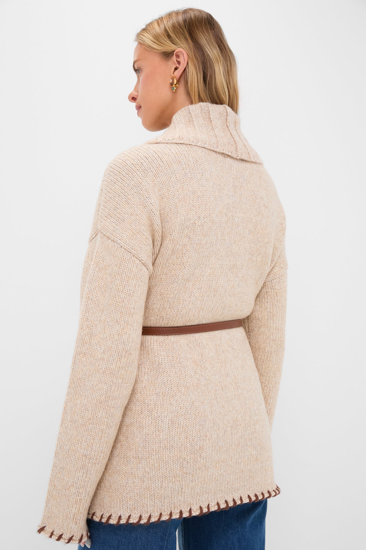 Sandstone Heather and Brown Blanket Stitch Harrow Cardigan | Tuckernuck
