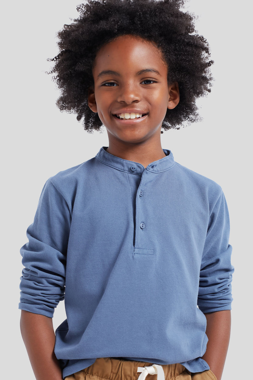 Dusty Blue Alcomo Long Sleeve Boy Polo | La Coqueta