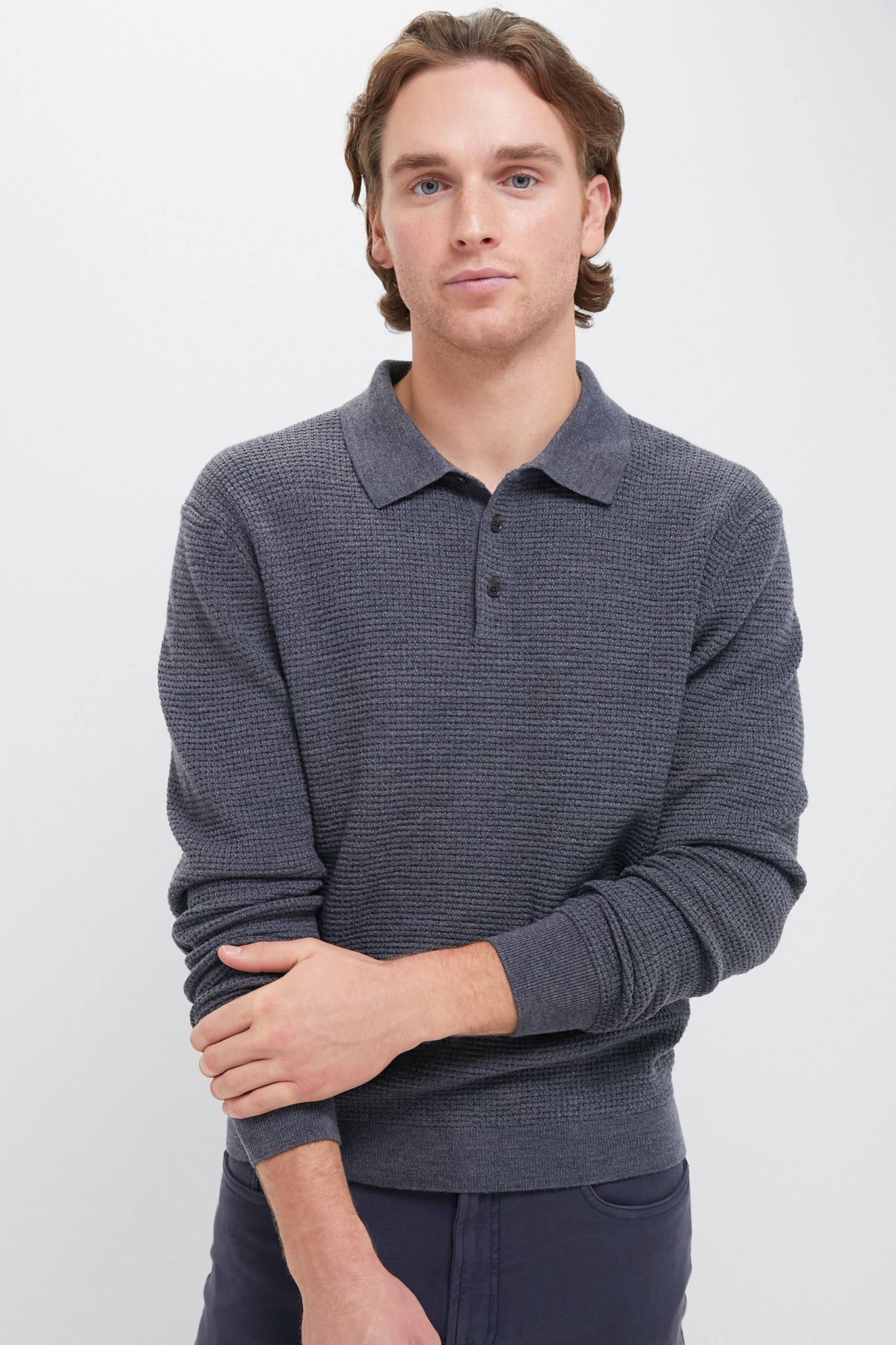 Charcoal Merino Waffle Polo | Spruce