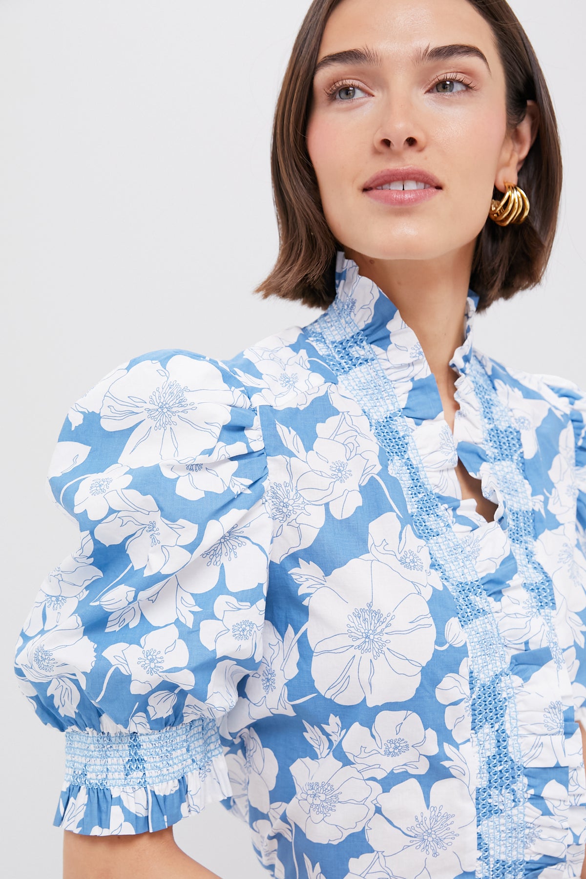 Blue Floral Ruffle Neck Aria Blouse | English Factory
