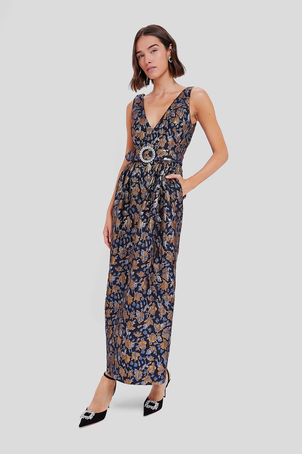 Navy and Gold Jules Floral Jacquard Dress | Borgo de Nor