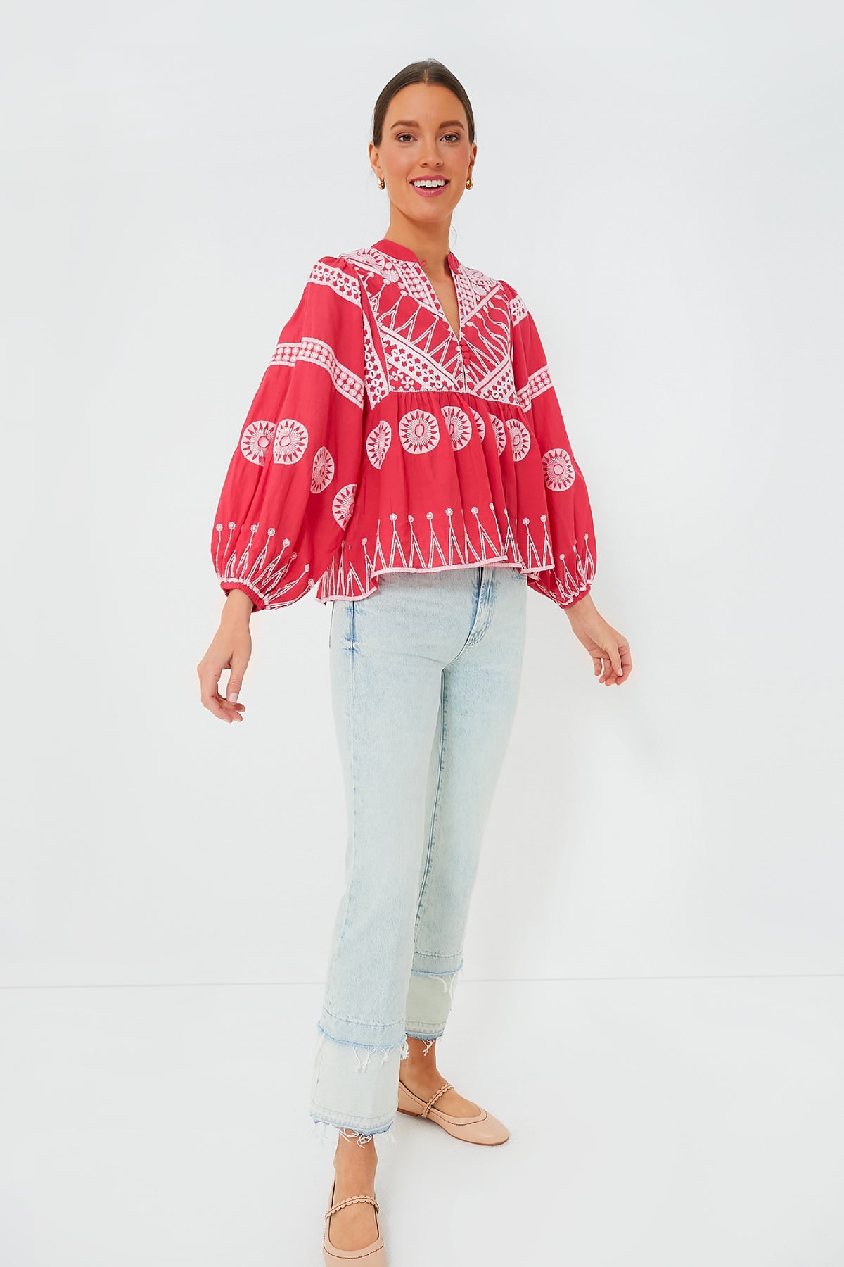 Soleil Red Mandarin Balloon Sleeve Top | Oliphant