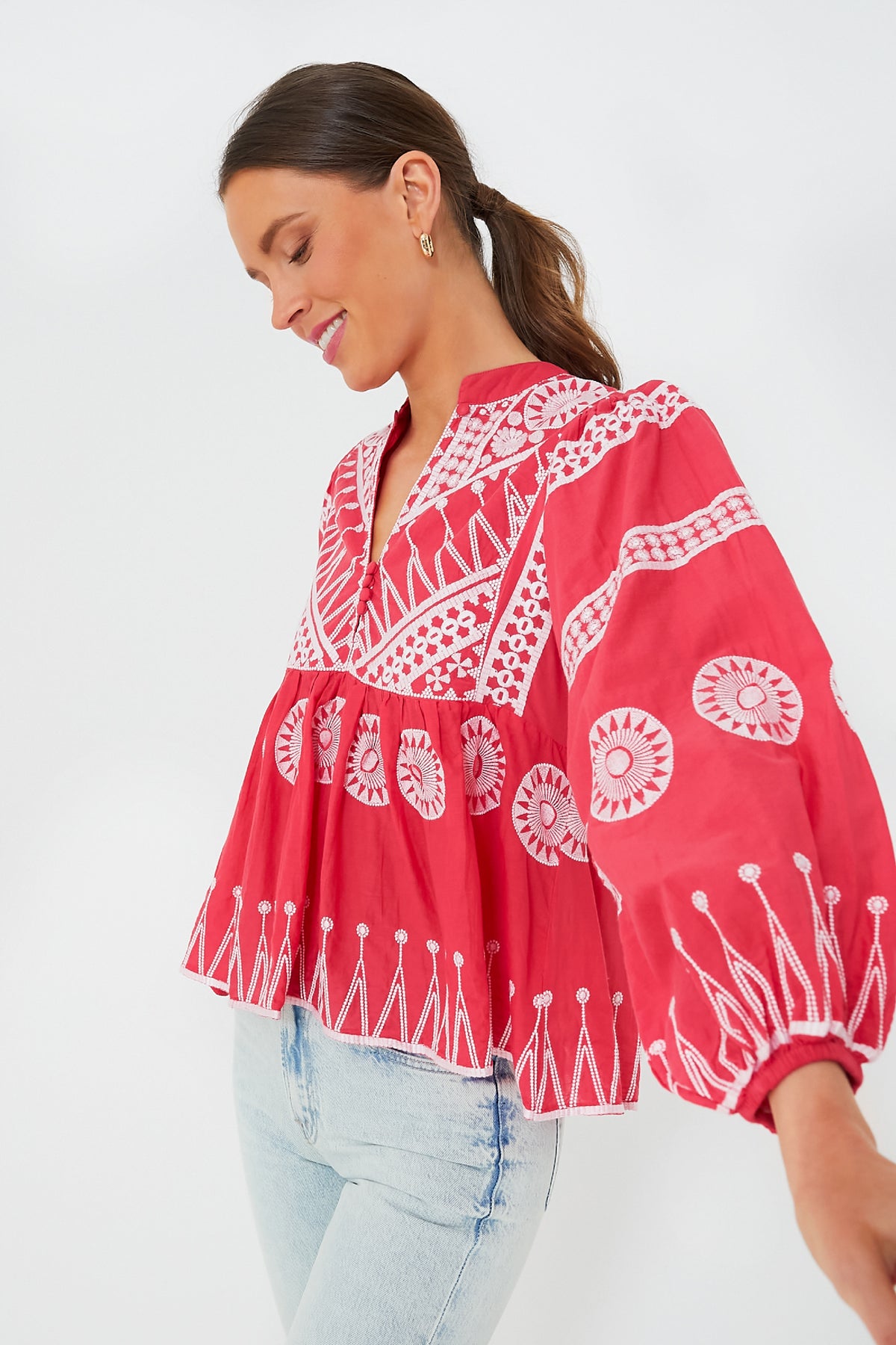Soleil Red Mandarin Balloon Sleeve Top | Oliphant