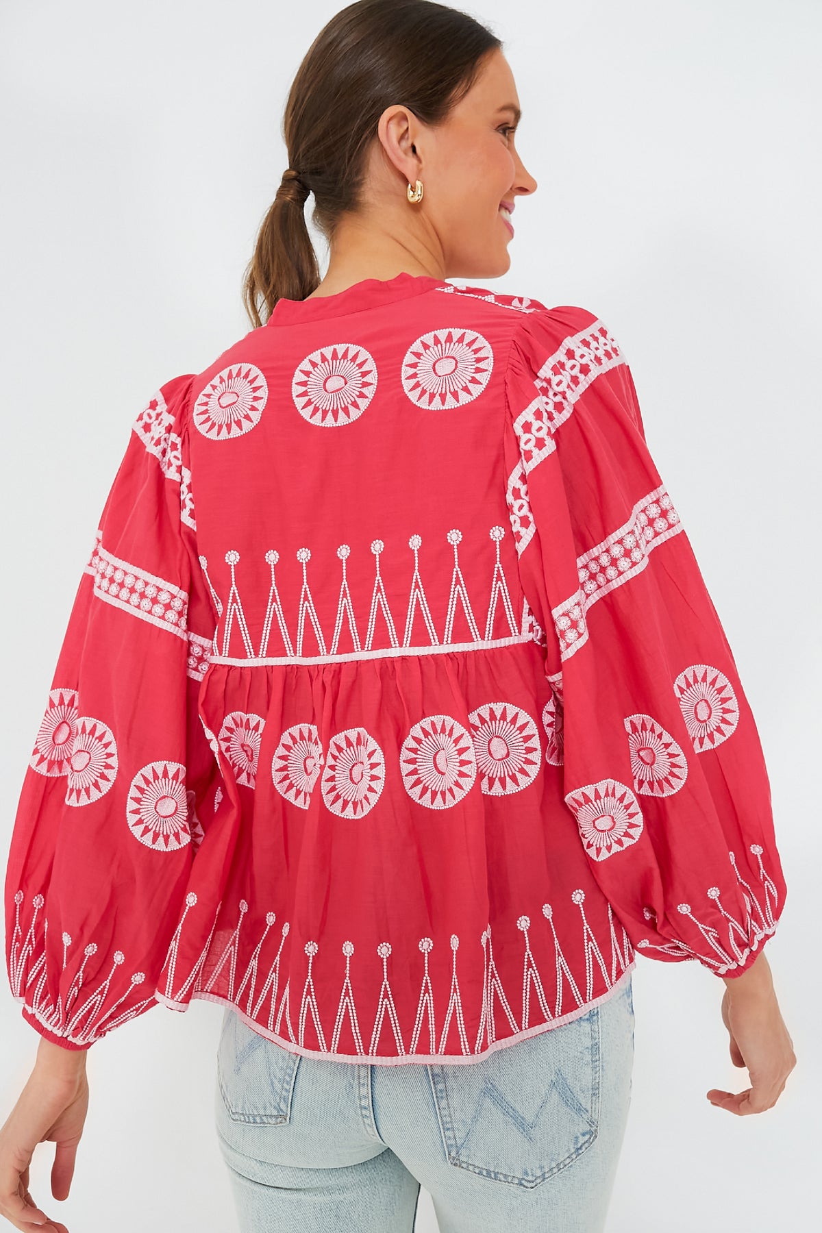 Soleil Red Mandarin Balloon Sleeve Top | Oliphant