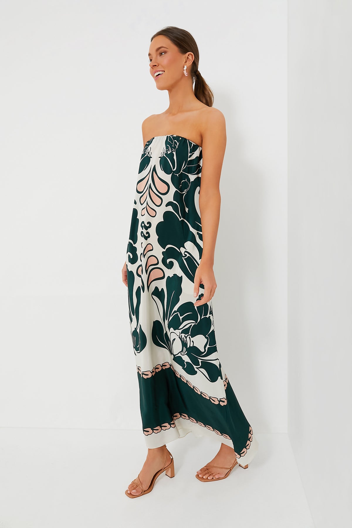 Dark Green Spray of Flowers Strapless Long Dress | ADRIANA DEGREAS