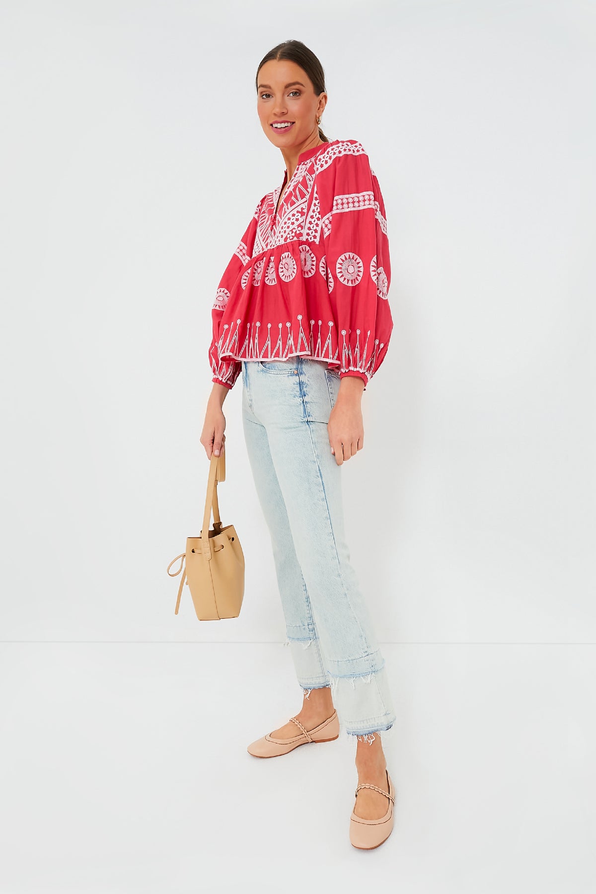 Soleil Red Mandarin Balloon Sleeve Top | Oliphant