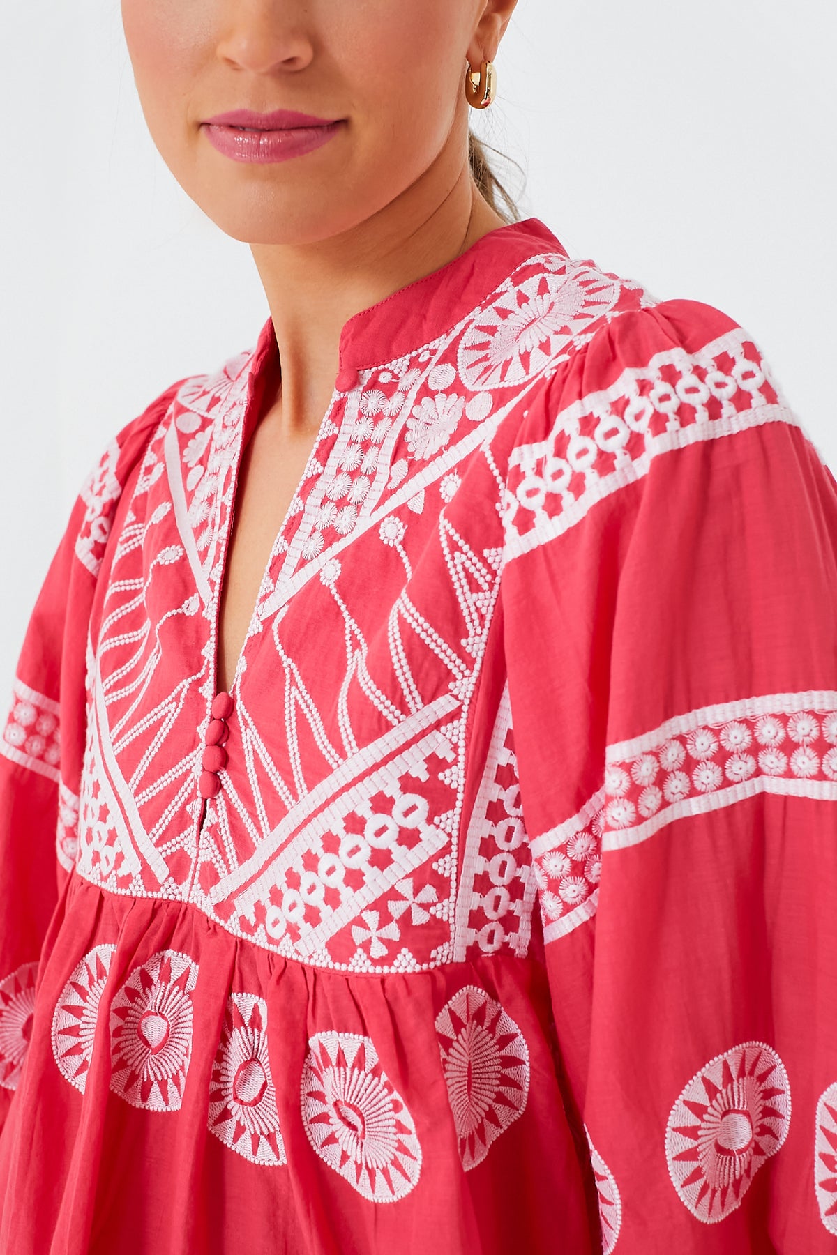Soleil Red Mandarin Balloon Sleeve Top | Oliphant